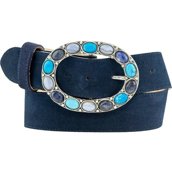 PEACHY BELTS LTD Navy Suede Belt With Our Oval Gemstone Buckle - Blue