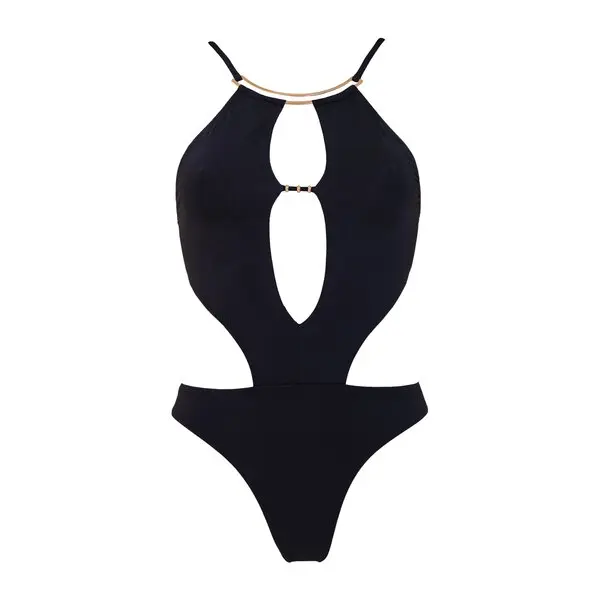 AULALA PARIS The Cairo Contrast One Piece Trikini With Golden Chain - Black