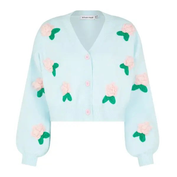 SOUR FIGS Flower Detail Knit Cardigan In Baby - Blue