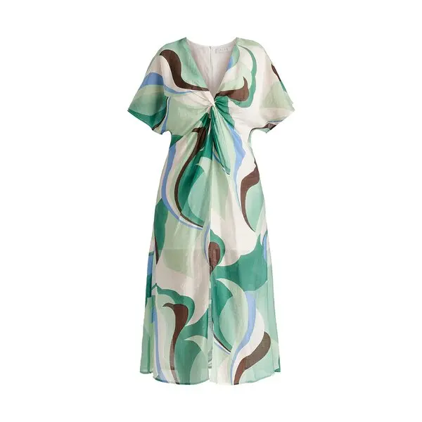 PAISIE Retro Wave Midi Dress With Twist Detail In Brown, Blue, Mint And White - Green