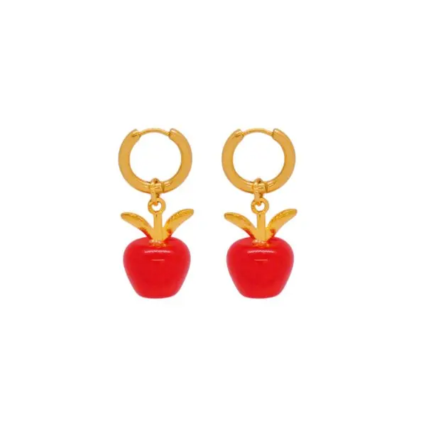 VALERIE CHIC Gold / Red Apple Cat Eye Stone Hoop Earrings 18k Gold - Gold/red