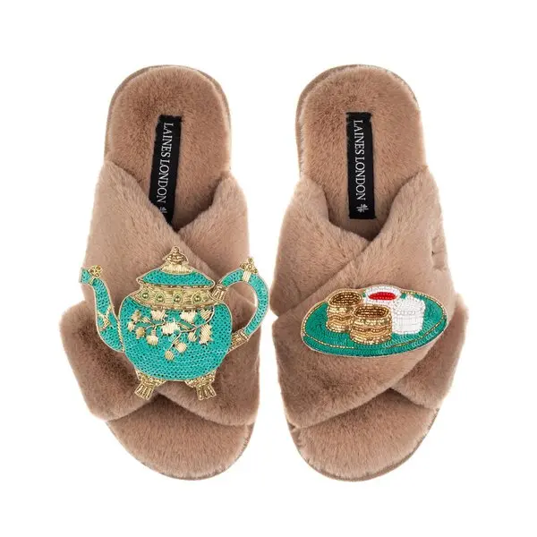 LAINES LONDON Neutrals Laines X Juliet Slippers With Tea & Scones Brooches Toffee - Brown