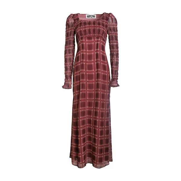 AMY LYNN Noor Smocked Checkered Long Sleeve Column Dress - Brown