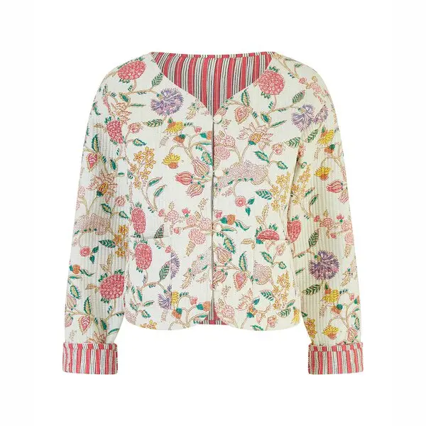YUMI Floral Print Reversible Cotton Cropped Quilted Jacket - White