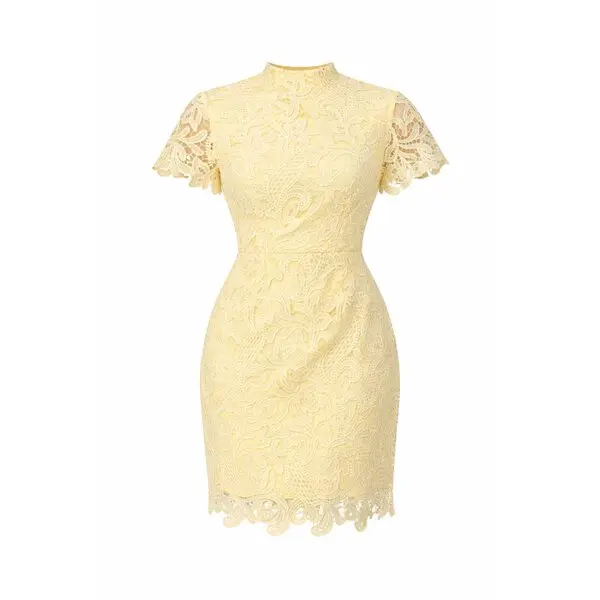 GIRL IN MIND Maryam Cap Sleeve High Neck Lace Mini Dress - Yellow