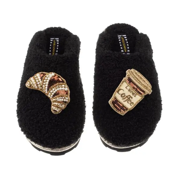 LAINES LONDON Teddy Towelling Closed Toe Slippers With Coffee & Croissant Brooches - Black