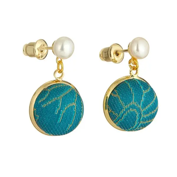 SOFT STROKES SILK Blue / Green Pure Silk Brocade Earrings With Freshwater Pearls - Blue/green