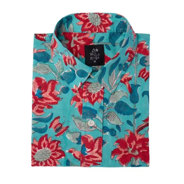 WILD ROSE Blue / Red Molok Hand Block Print Cotton Long Sleeved Floral Shirt - Blue/red