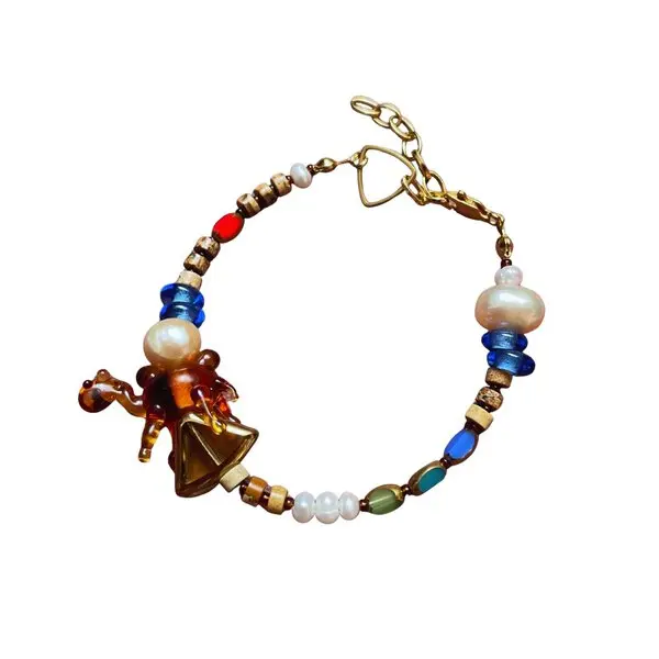 DESERT LOBBY Blue / Brown / Neutrals Midnight Stroll – Handmade Murano Glass Camel Bracelet With Jasper, Pearl & Bohemian Glass Beads - Blue/brown