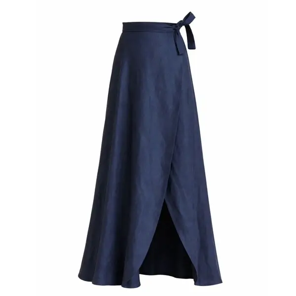 NIKKA PLACE Linen Tulip Skirt With High Waist & Wrap Tie In Dark - Blue