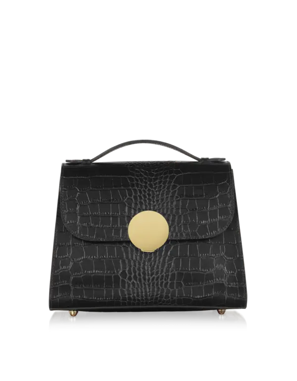 LE PARMENTIER Bombo Croco Embossed Leather Top-handle Satchel Bag W/strap - Black