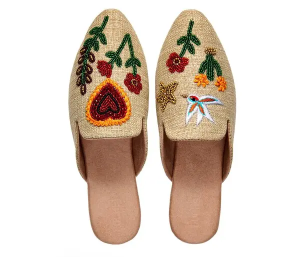 FUCHSIA SHOES Neutrals Jardin Jute Vegan Handmade Artisanal Embroidered Jute Pointed Toe Mules By - Pink