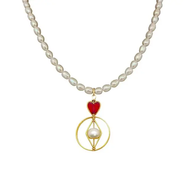 ARACHELI STUDIO Geometric Heart X Pearls Necklace - Red