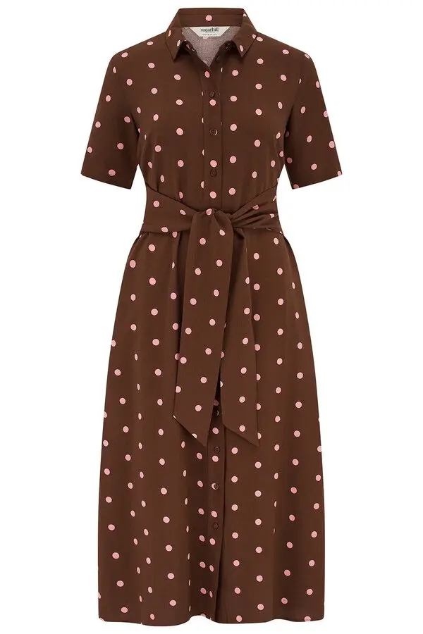 SUGARHILL BRIGHTON Celeste Midi Shirt Dress Pink Polka - Brown