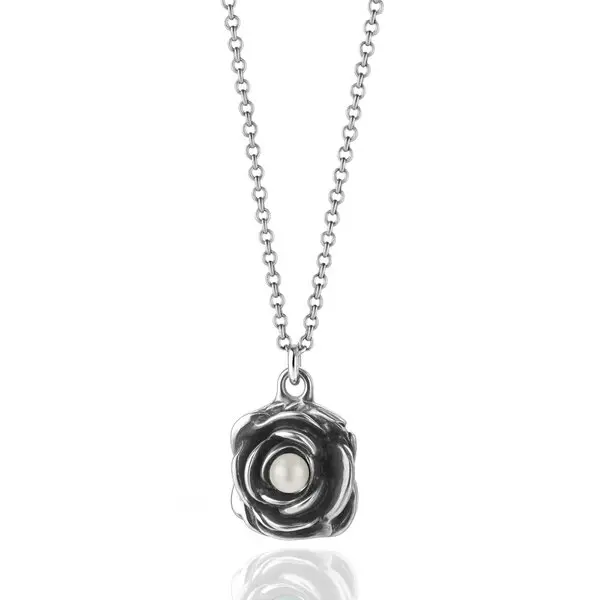 UNALOE Silver / White Natural Pearl Rose Necklace In Oxidised Sterling Silver – Handmade Italian Elegant Pendant - Silver/white