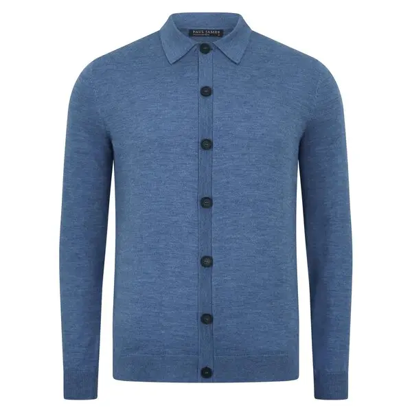 PAUL JAMES KNITWEAR Extra Fine Merino Wool Cassiuss Polo Cardigan Denim - Blue