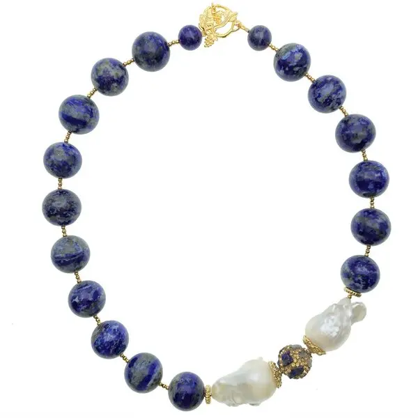 FARRA Natural Round Lapis With Baroque Necklace