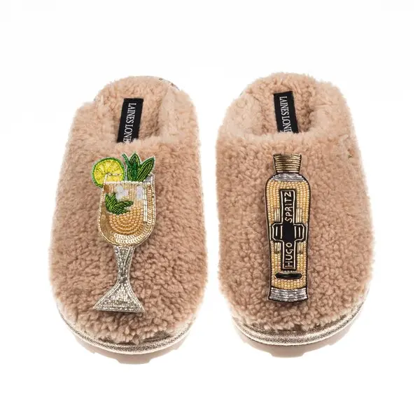 LAINES LONDON Neutrals Teddy Closed Toe Slippers With Hugo Spritz Brooches Toffee - Brown