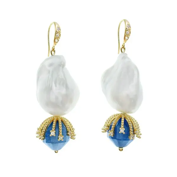 FARRA Blue / White Baroque Pearl With Blue Aventurine Dangle Earrings - Blue/white