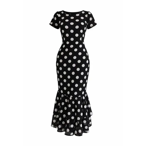 GIRL IN MIND Roxy Boat Neck Frill Midi Spot - Black