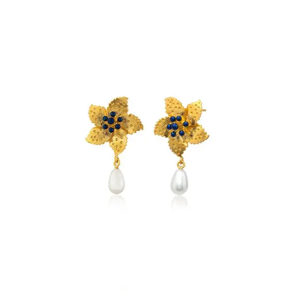 MILOU JEWELRY Gold Flower Pearl Drop Earrings Navy - Blue