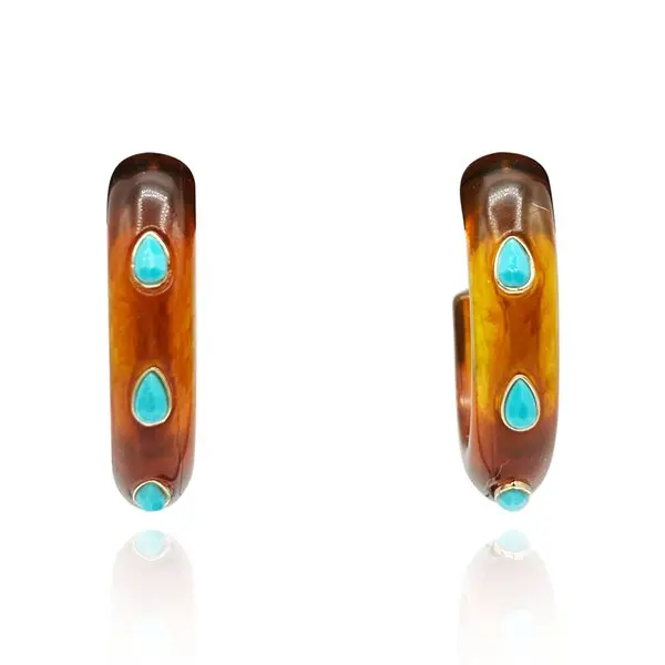 MICHAEL NASH JEWELRY Genevieve Tortoise Resin Hoop Earrings With Faceted Turquoise Glass Pear Stones - Brown/blue