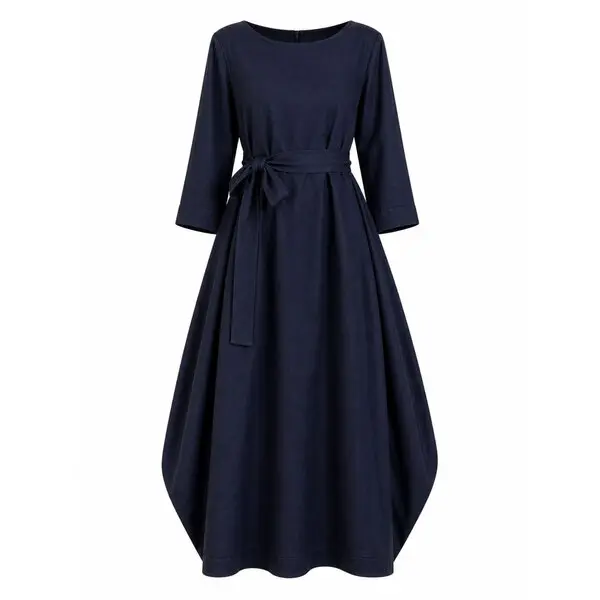 NIKKA PLACE Maxi Linen Kaftan Dress With Tie And Bracelet Sleeves In Dark - Blue