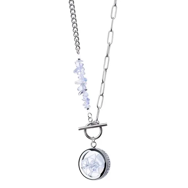 MY LITTLE NATURE Neutrals / Opal Crystal Necklace With Beaded Toggle Clasp & Charm October Birthstone - Silver