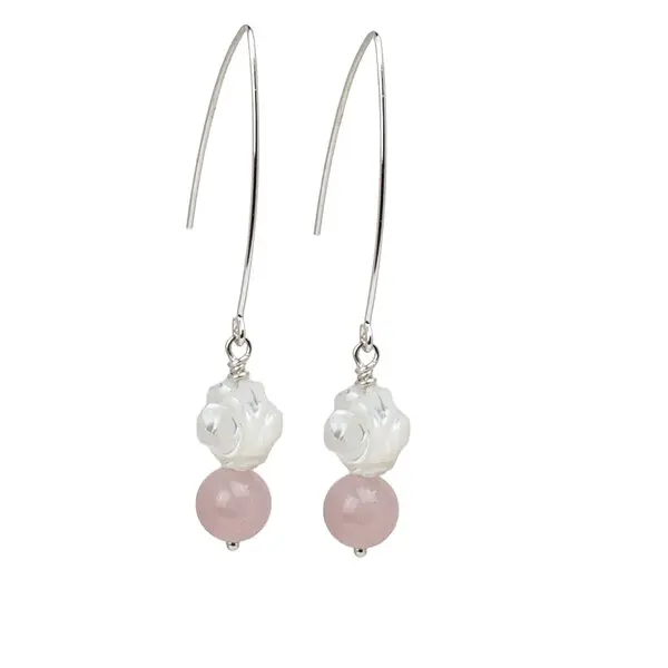 AMONTA White / Pink / Silver Mother Of Pearl Rose & Rose Quartz Drop Earrings - White/pink/silver