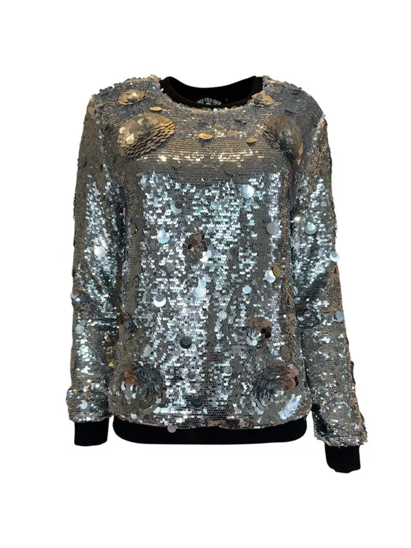 ANY OLD IRON Silver And Black Sequin Sweatshirt With Floral Embellishments - Silver/black