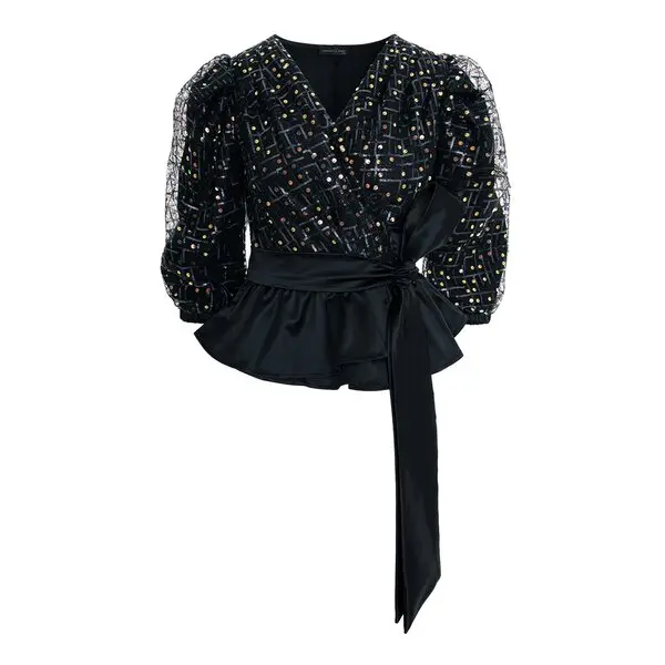 CONCEPT A TROIS Sequin Top With Puff Sleeves - Black