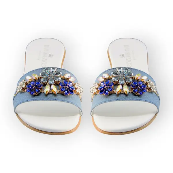 DAMAPREZIOSA Blue / White Flora Denim Mule Sandals With Sapphire Crystals - Blue/white