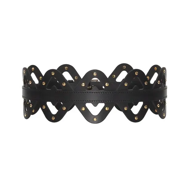 HAUTE CUIR Rivetted Diamond Cutout Leather Belt - Black