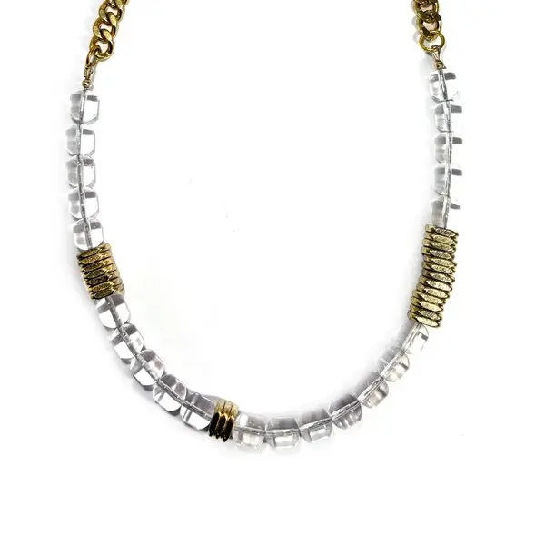 Rachel Nathan Rock Quartz Barrel & Brass Heishi Necklace - Gold