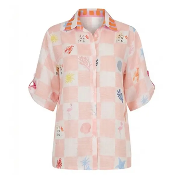 Loveist Store Angel Summer Tiles Statet Print Short Sleeve Shirt - Pink