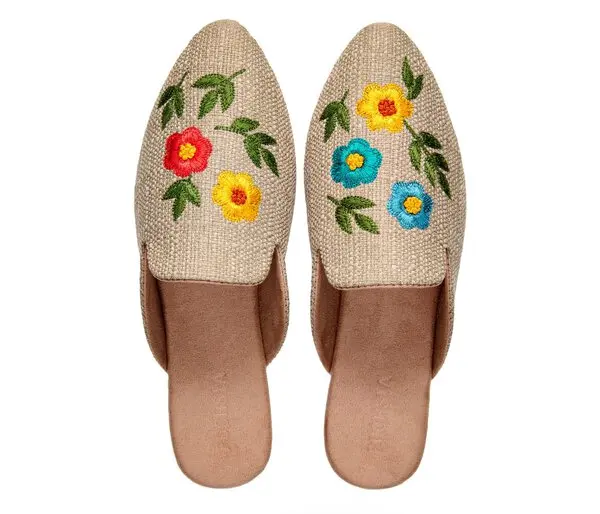 FUCHSIA SHOES Neutrals Sunny Meadow Vegan Handmade Embroidered Floral Jute Mules Beige - Beige/pink