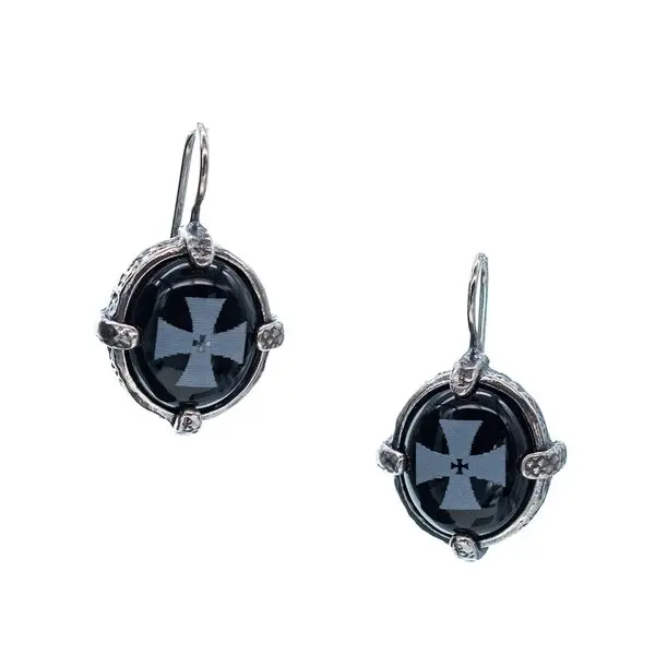 GEM KINGDOM Black / Silver Sterling Silver Onyx Earrings Engraved Cross - Black/silver