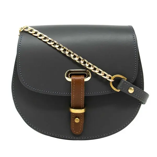 N'DAMUS LONDON Mini Victoria Full Grain Leather Crossbody Saddle Bag With Gold Chain - Grey