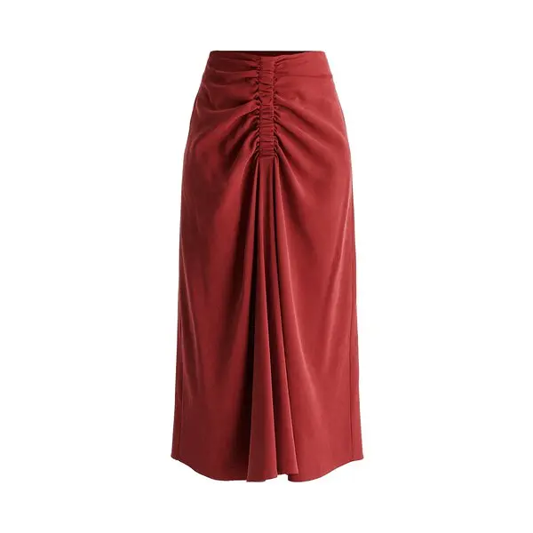 PAISIE Ruched Front Midi Skirt In Burgundy - Red