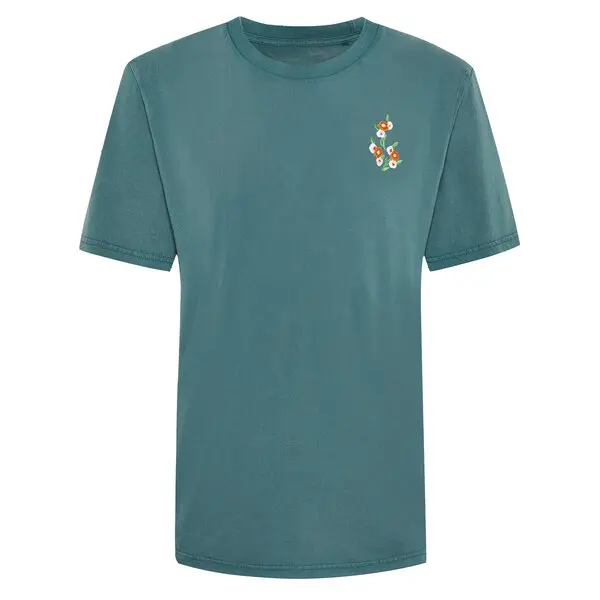 INGMARSON Floral Embroidered Organic Cotton T-shirt Teal - Green