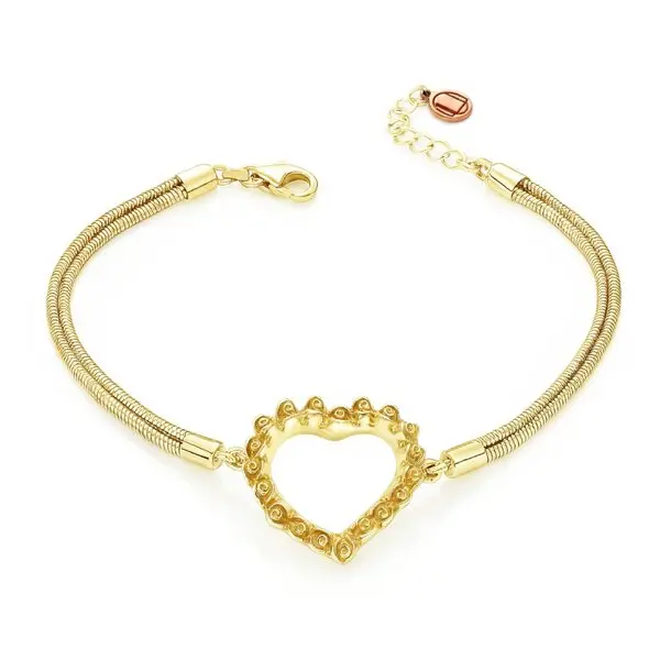 UNALOE Heart Of Roses Vermeil Bracelet With Double Snake Chain – Italian Handmade Heart Jewelry - Gold
