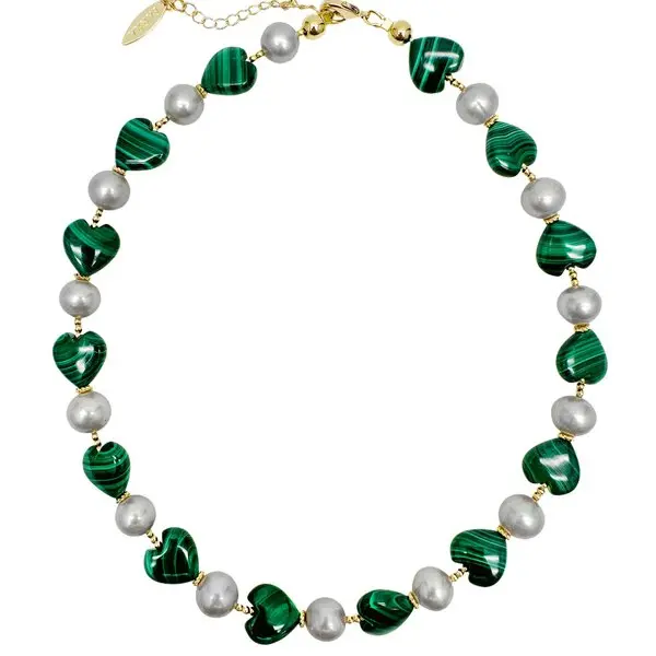 FARRA Heart-shaped Malachite With Gray Freshwater Pearls Statet Necklace