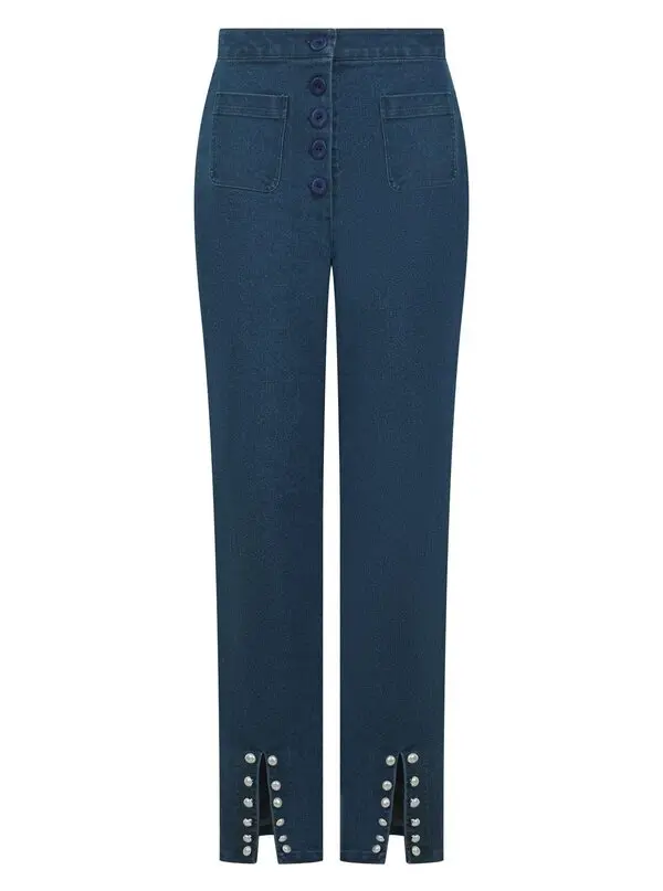 K-WIN LONDON High-waisted Button-front Denim Jeans With Pearl Embellished Slits - Blue