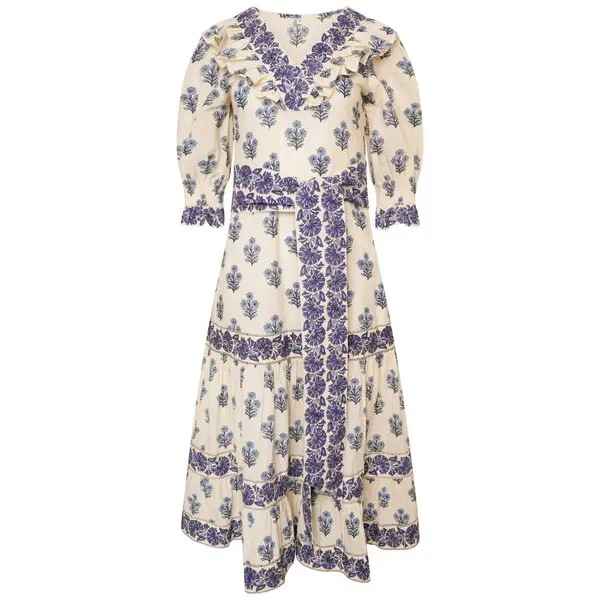 LATELIER LONDON Blue Floral Block Print Cotton Midi Dress - White