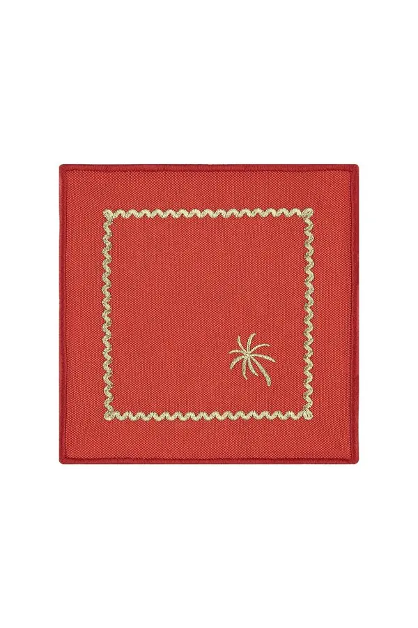 ROUMÉLIE ORIENTALE Brick Embroide Cocktail Napkin Set Of Four “ Brick Palm Charm - Red