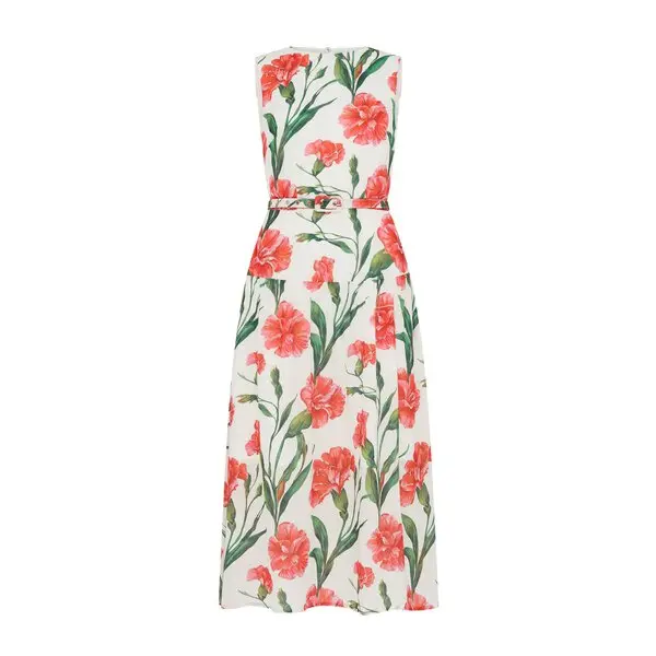 SOUR FIGS Red / Green / White Carnation Print Belted Midi Dress In Porcelain White - Red/green/white