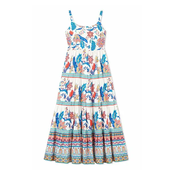 YUMI Boho Block Print Tiered Maxi Dress - Blue