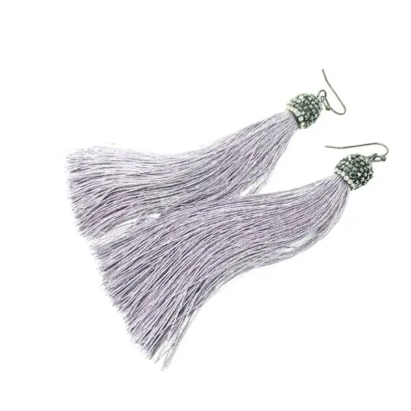 AMY DELSON JEWELRY Grey / Silver Silky Grey Tassel Faceted Crystal Earrings - Grey/silver