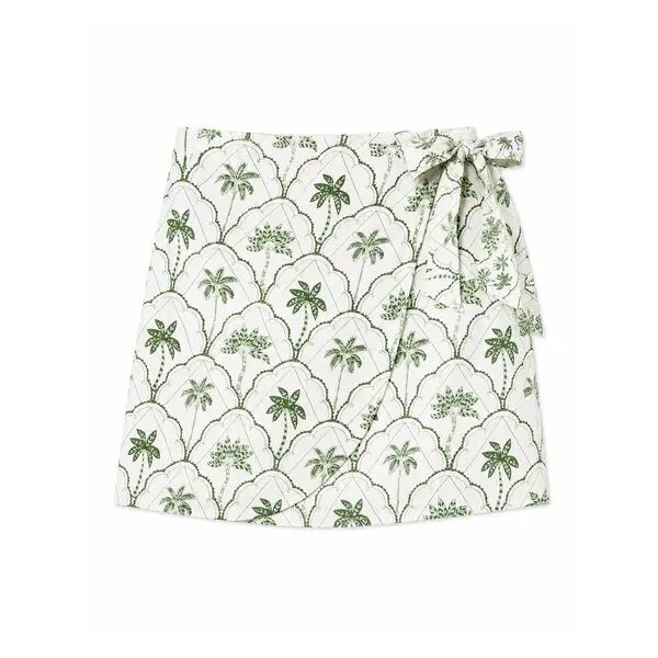 YUMI Palm Print Cotton Wrap Skirt - White