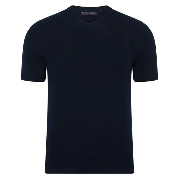 PAUL JAMES KNITWEAR Ultra Fine Cotton Hudsonn High V Neck Knitted T-shirt Navy - Blue